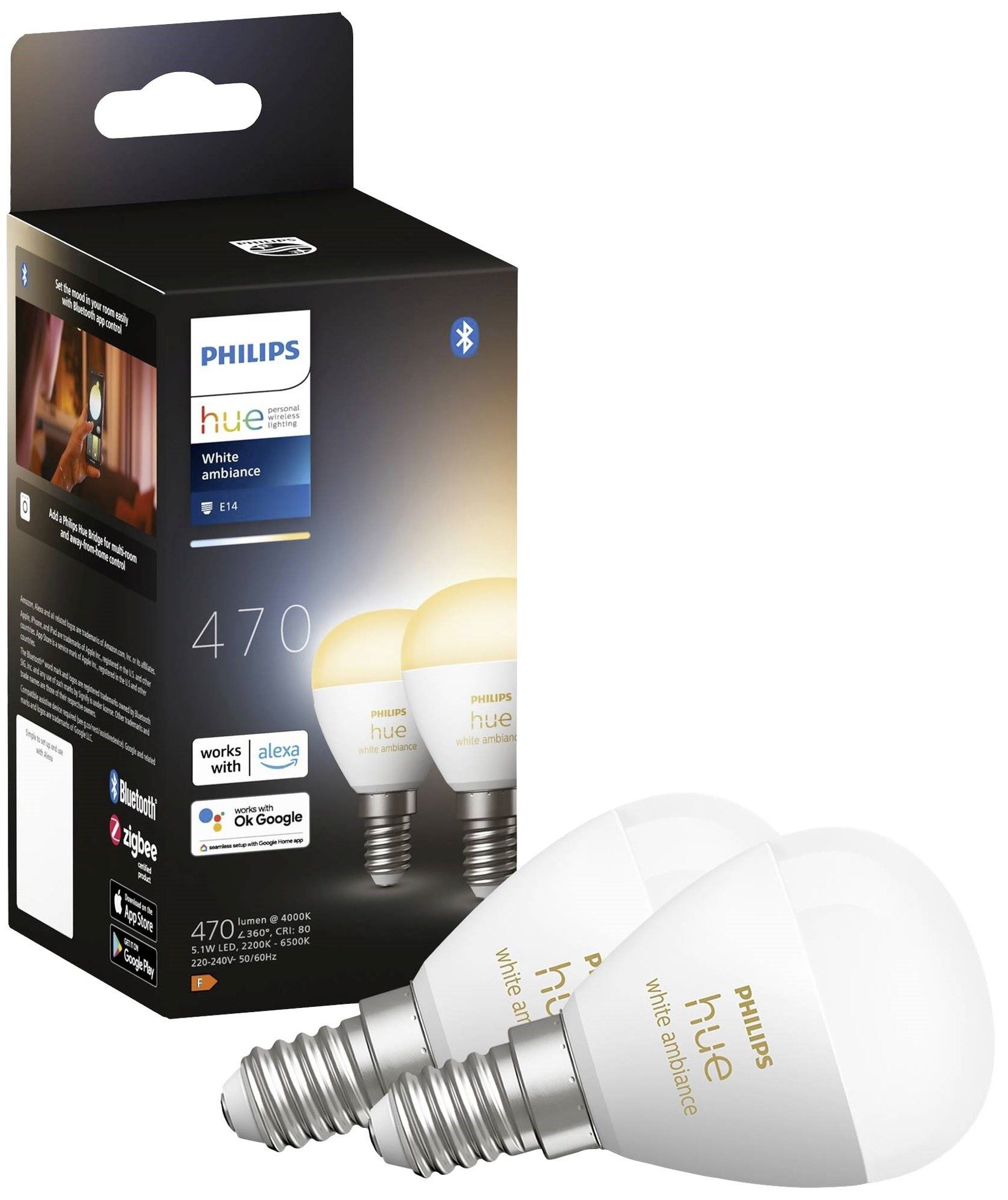 Смарт крушки Philips - Hue Ambiance, 5.1W, E14, P45, 2 броя, dimmer | Ozone.bg
