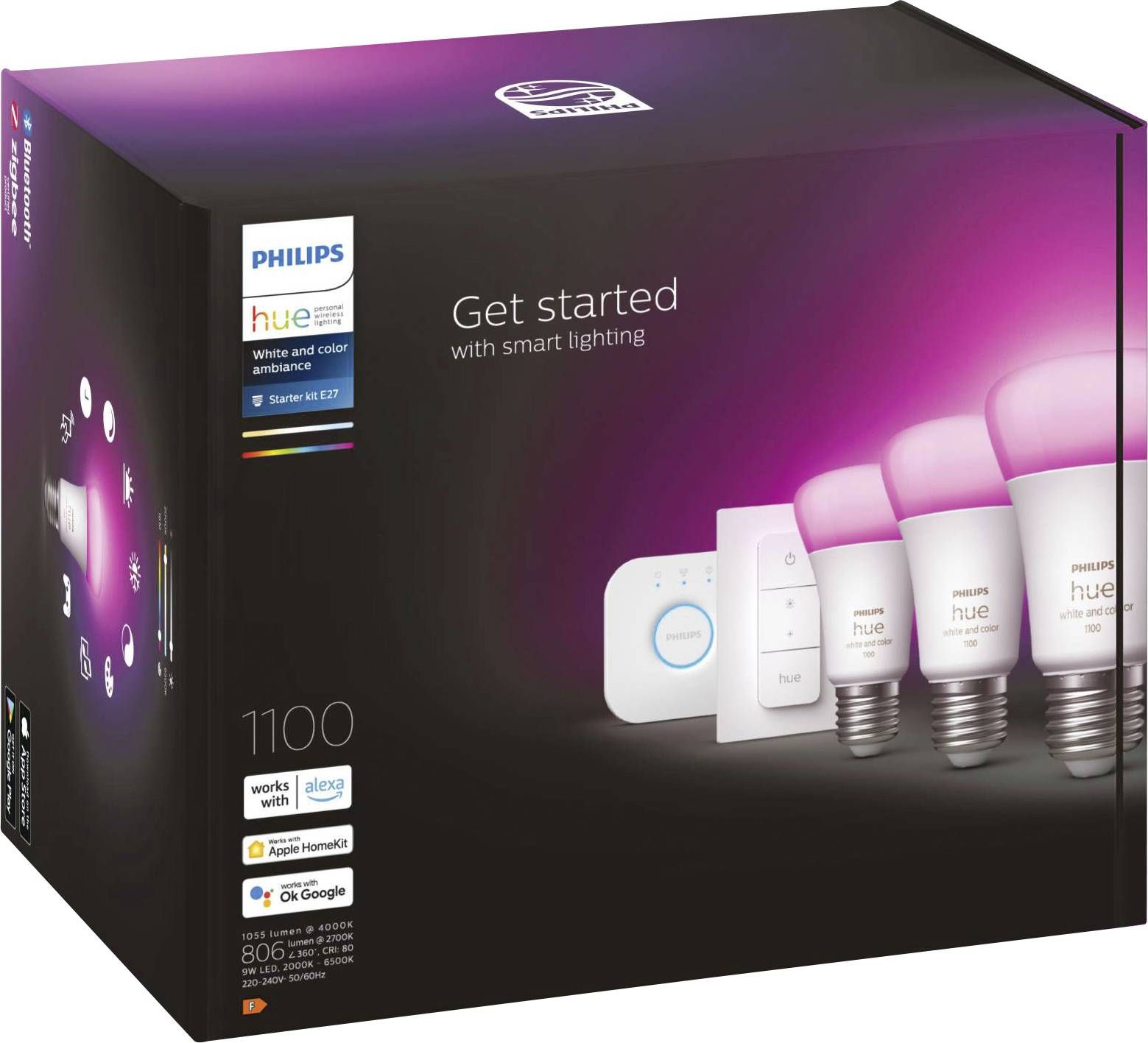Смарт крушки Philips - HUE Get Started RGB, 9W, E27, A60, 3бpоя, dimmer | Ozone.bg