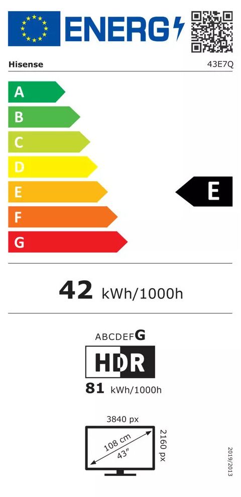 Смарт телевизор Hisense - 43E7Q, 43'', QLED, 4K, Ultra HD, HDR10+, 60Hz ...