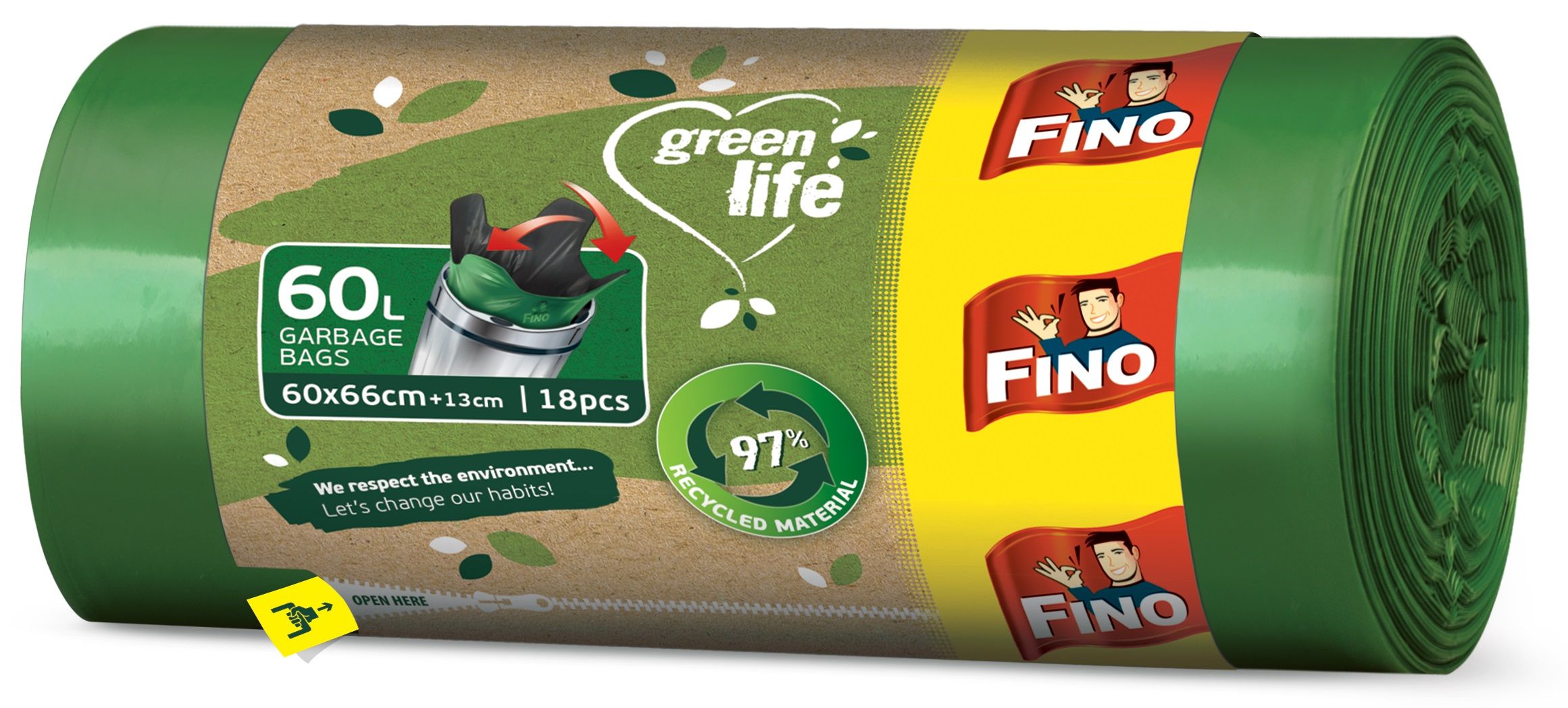 Торби за отпадъци Fino - Green Life Easy pack, 60 L, 18 броя, зелени ...