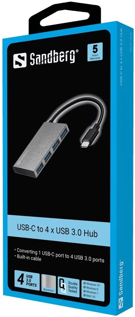 USB хъб Sandberg - Pocket Hub, 4 порта, USB-C, сив | Ozone.bg