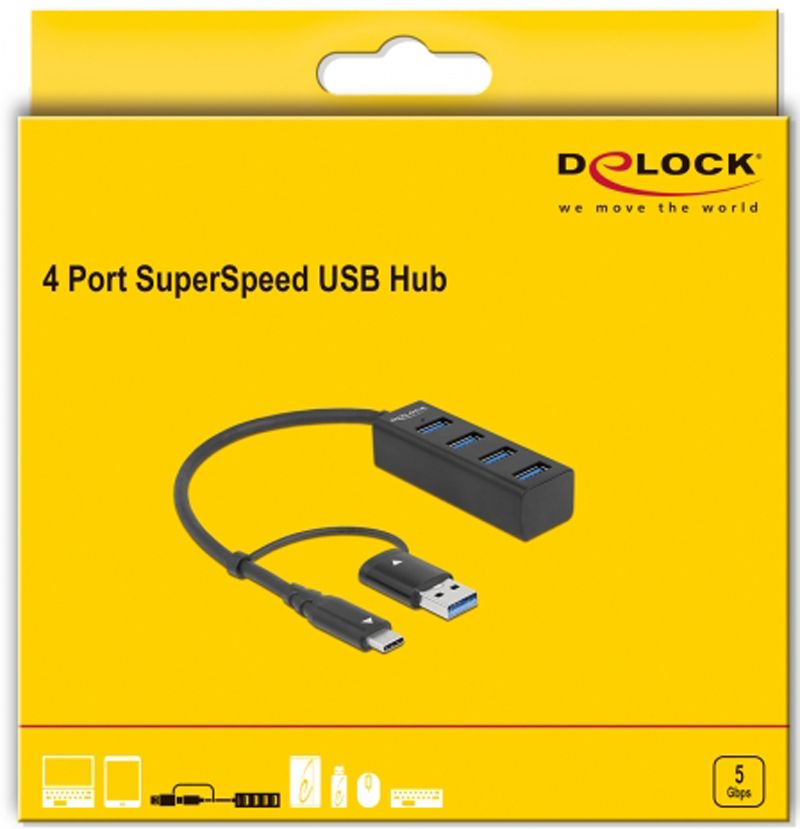 USB хъб Delock - 63828, 4 порта, USB3.2, черен | Ozone.bg