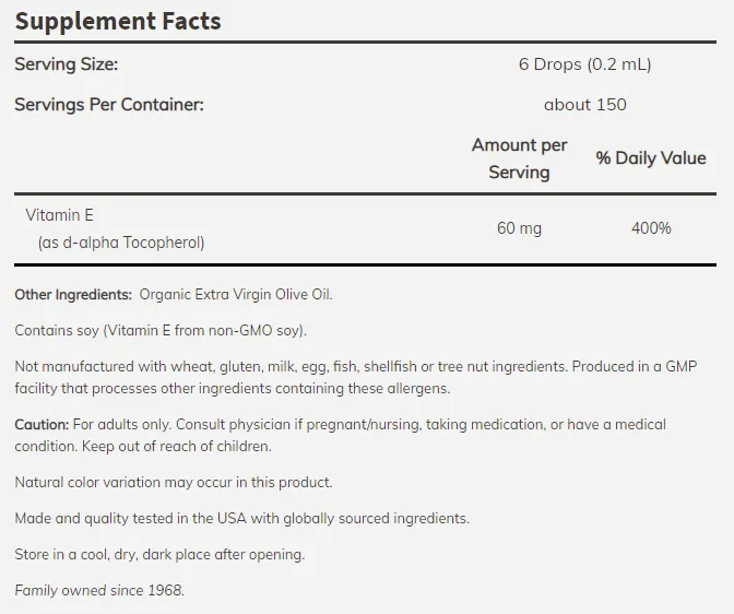 Vitamin E Liquid d-alpha Tocopherol, 30 ml, Now | Ozone.bg