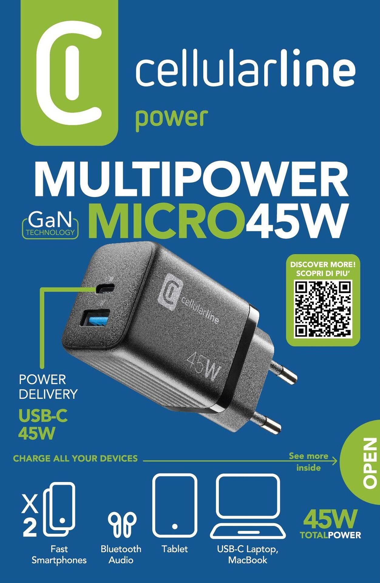 Зарядно устройство Cellularline - Multipower GaN, 45W, черно | Ozone.bg