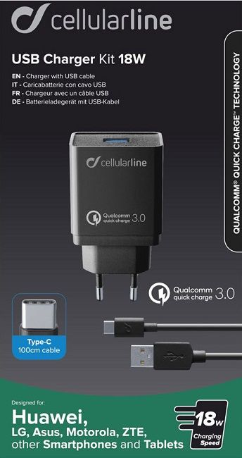 Зарядно устройство Cellularline - Quick Charge, USB-A, 18W, черно ...