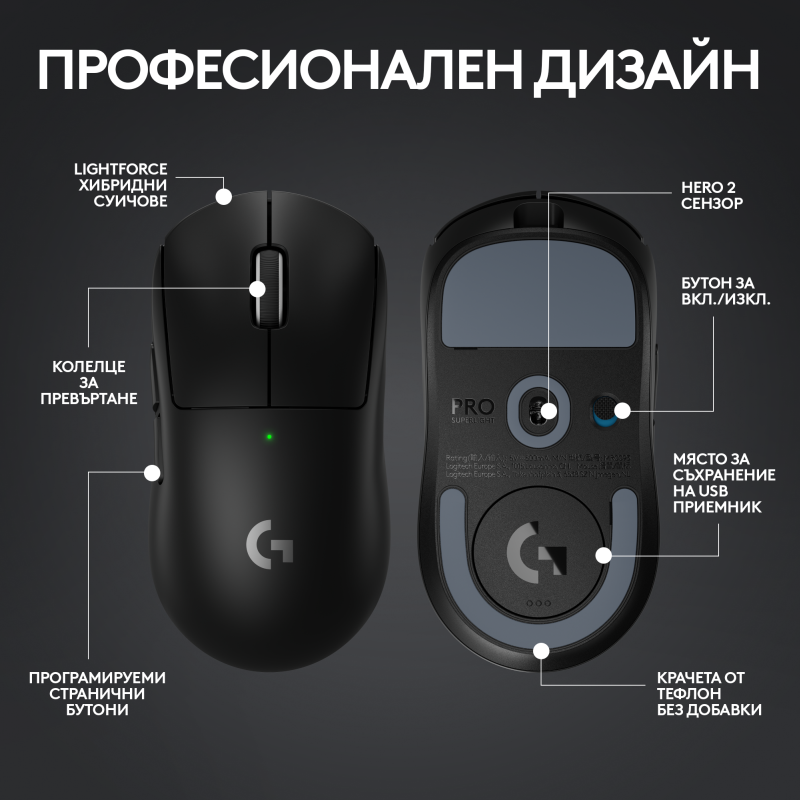 Гейминг мишка Logitech - G Pro X Superlight 2, оптична, безжична, черна | Ozone.bg